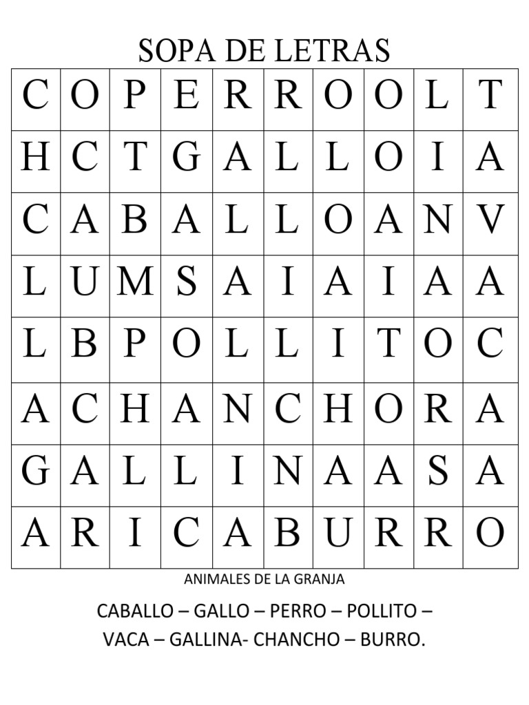 Sopa de Letras Animales de La Granja | PDF