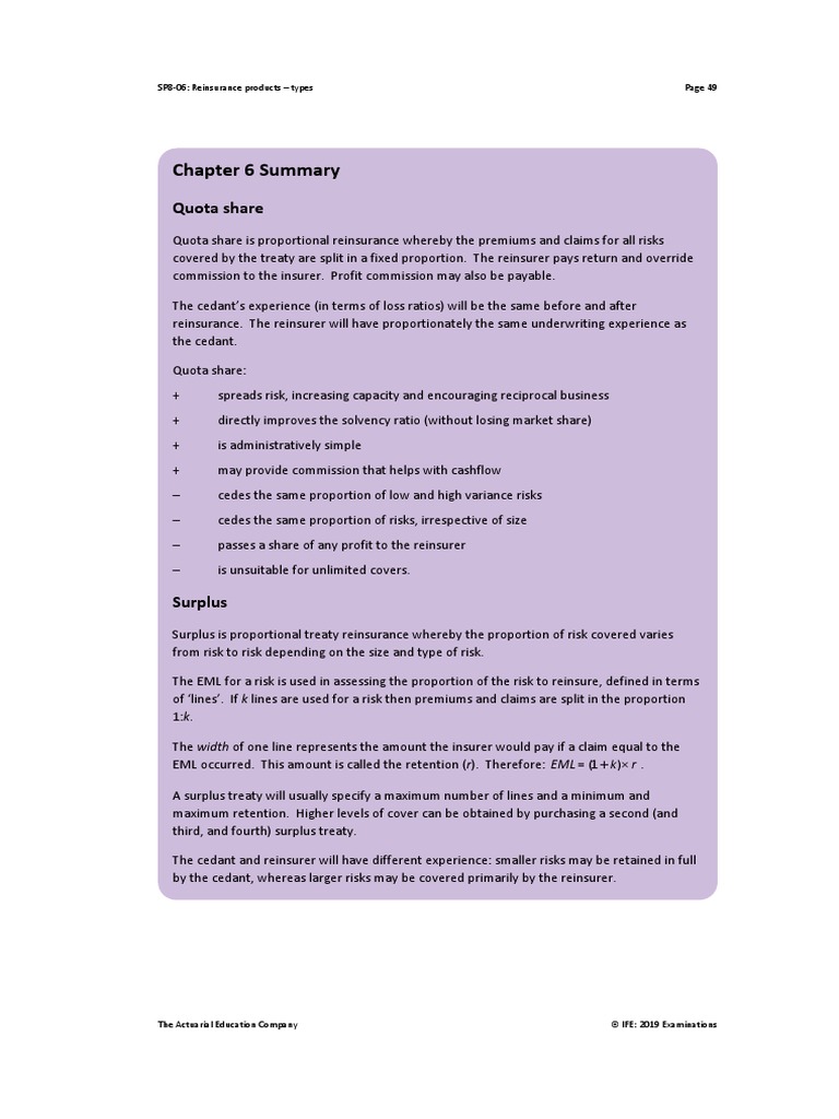 Chapter 6 Summary: Quota Share | PDF | Reinsurance | Insurance