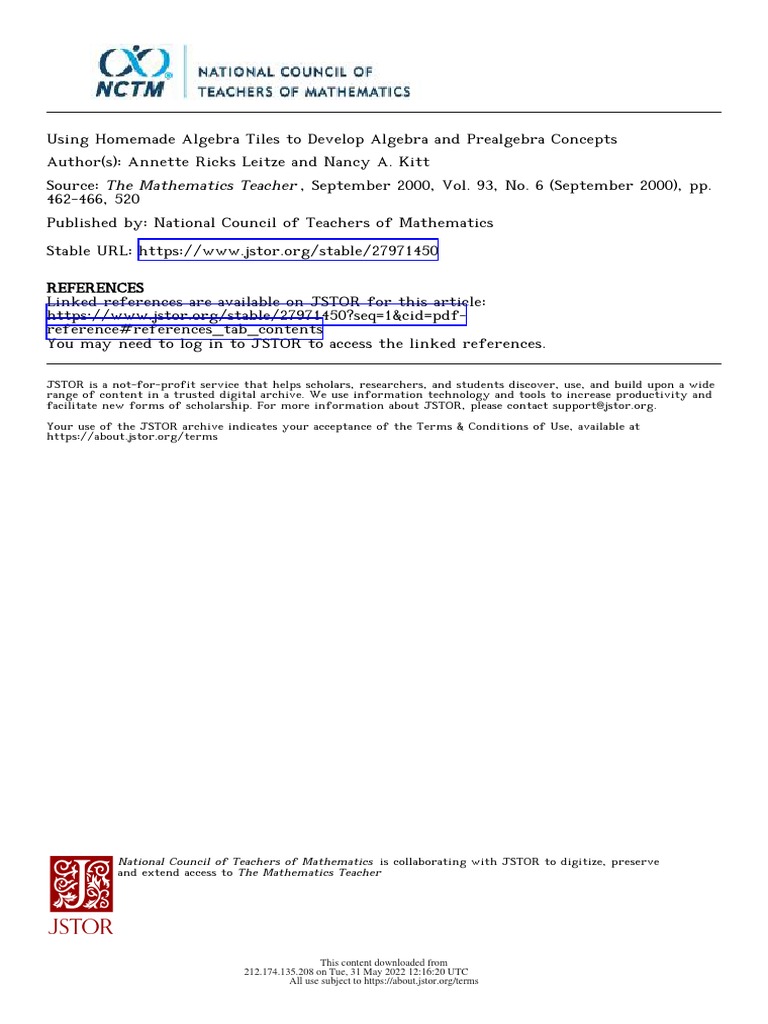 NCTM - 2000 - Using Homemade Algebra Tiles To Develop Algebra and Prealgebra Concepts | PDF ...