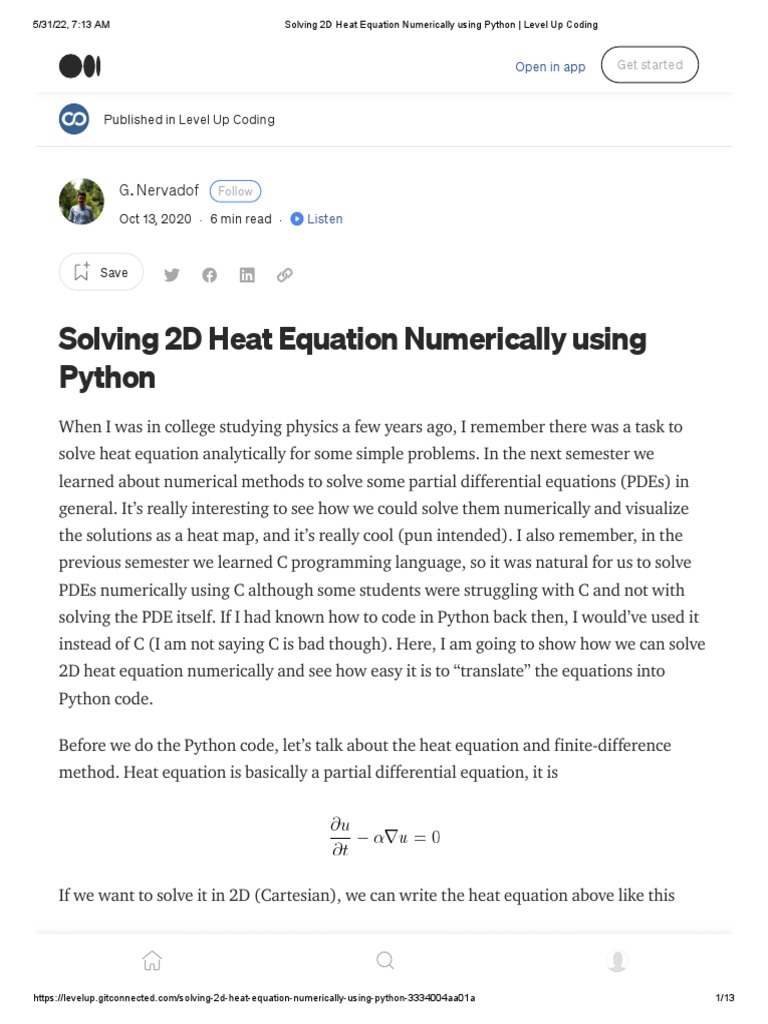 Solving 2d Heat Equation Numerically Using Python Level Up Coding Pdf Equations Partial