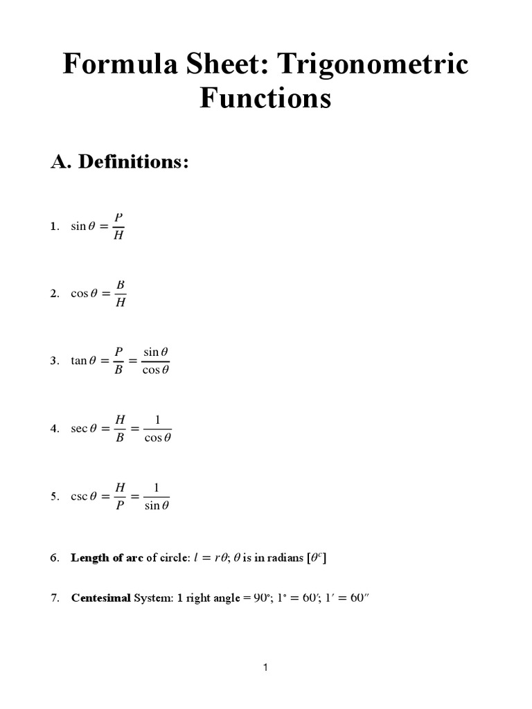 Formula Sheet - Trigonometric Functions Download | PDF | Sine ...