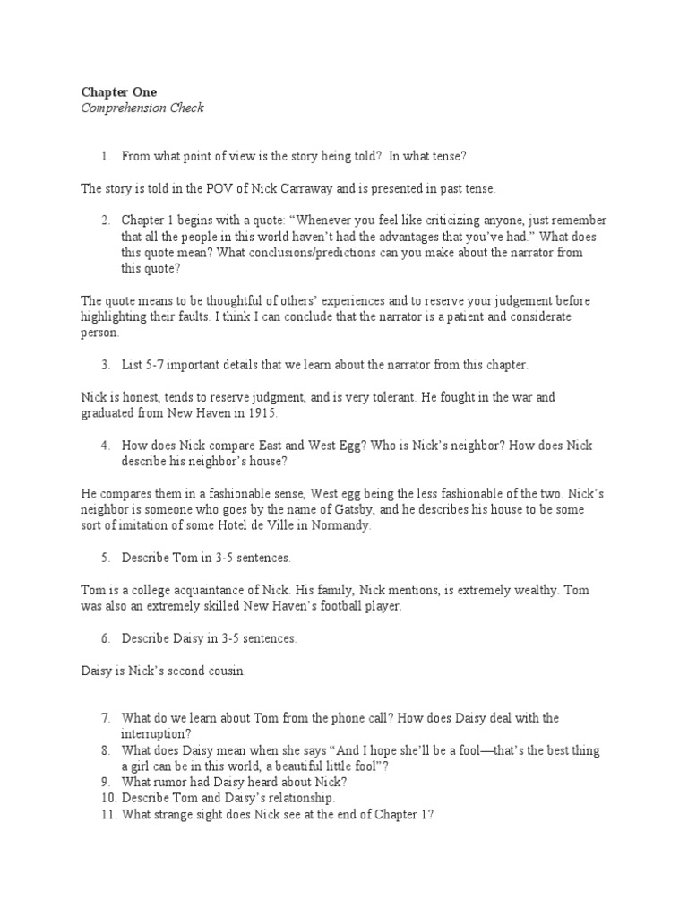 The Great Gatsby - Chapter One Comprehension Questions | PDF