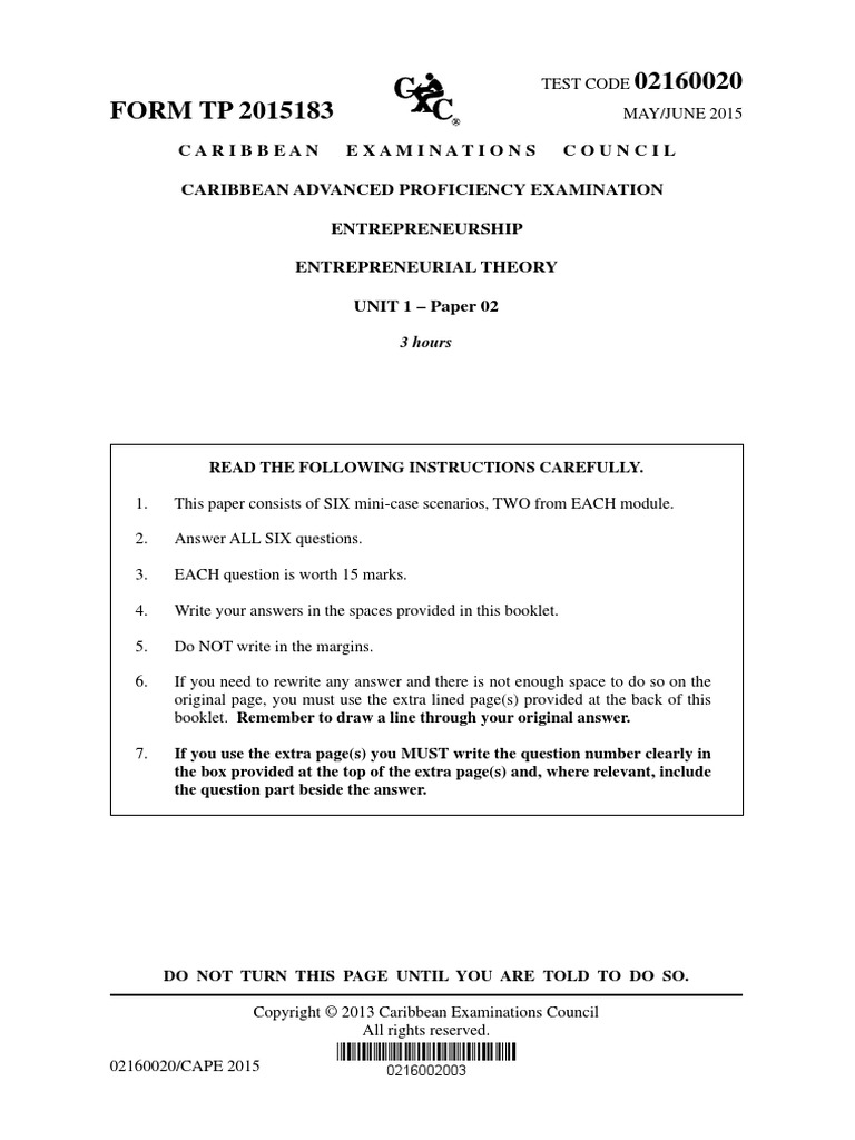 CAPE Entrepreneurship 2015 U1 P2 | PDF | Entrepreneurship | Brainstorming