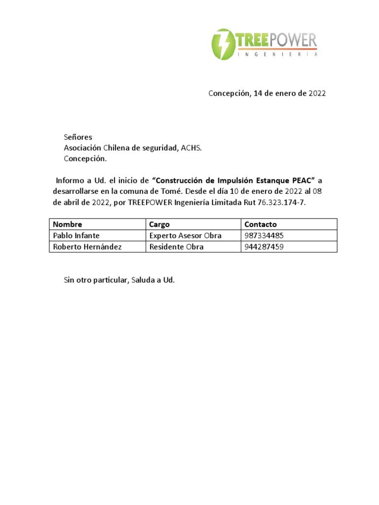 Carta Inicio ACHS | PDF