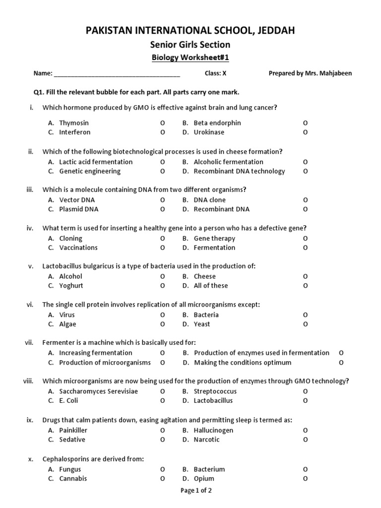 Class 10 Biology Worksheet #1 | PDF | Molecular Cloning | Plasmid