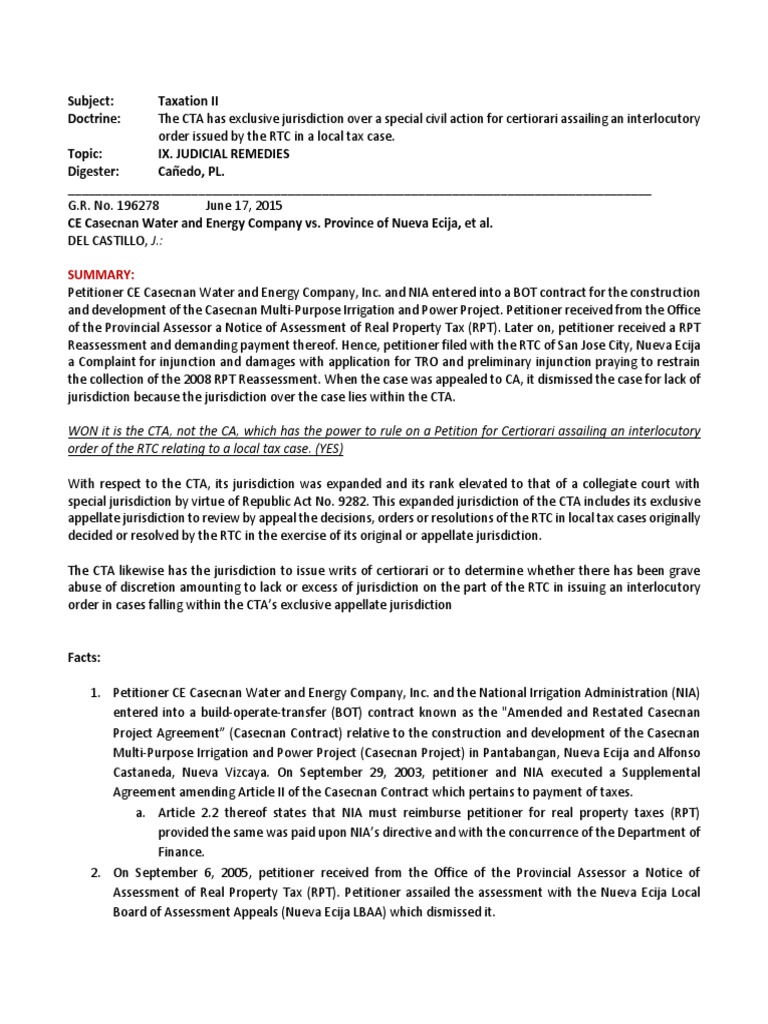 CE Casecnan Water and Energy Company vs. Province of Nueva Ecija, Et Al ...
