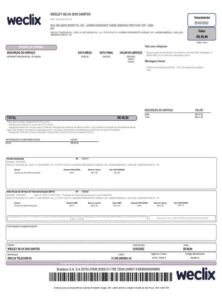 Recibo de pagamento de serviços de internet residencial de 100 Mbps ...