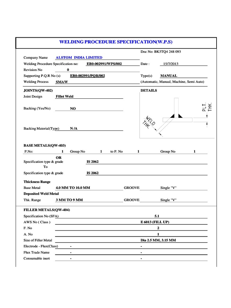 Wps For Structure Mild Steel Fillet Weld - Compress | PDF ...