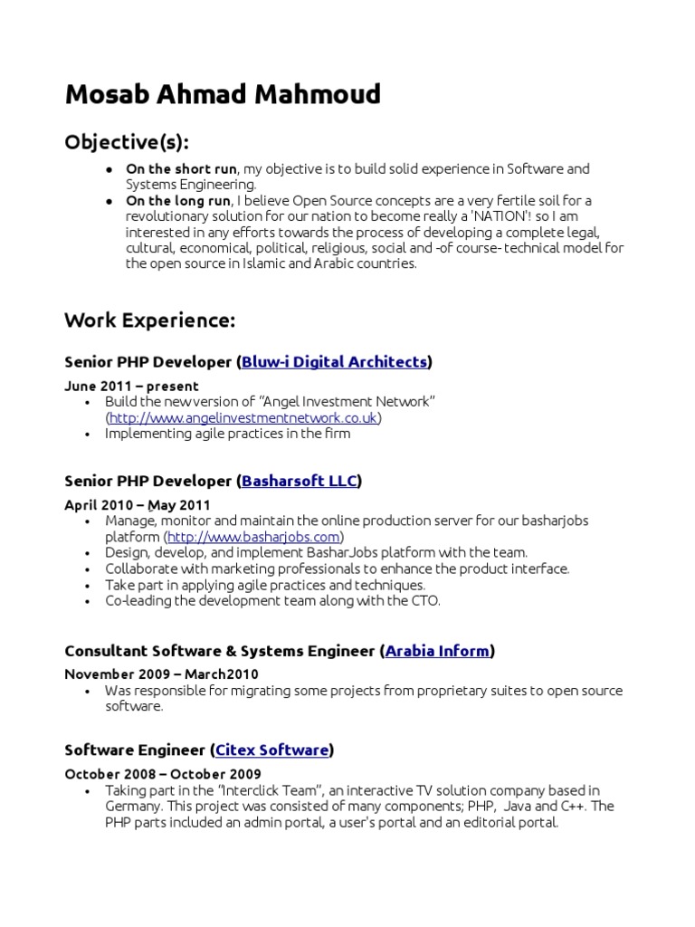 Mosab Ahmad Resume 2011 | PDF | Php | Linux