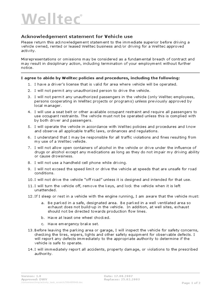 Acknowledgement Statement For Vehicle Use | PDF | Driving Under The ...