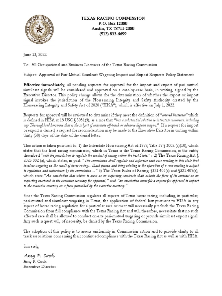 Texas Racing Commission Notice | PDF | Horse Racing | Public Law