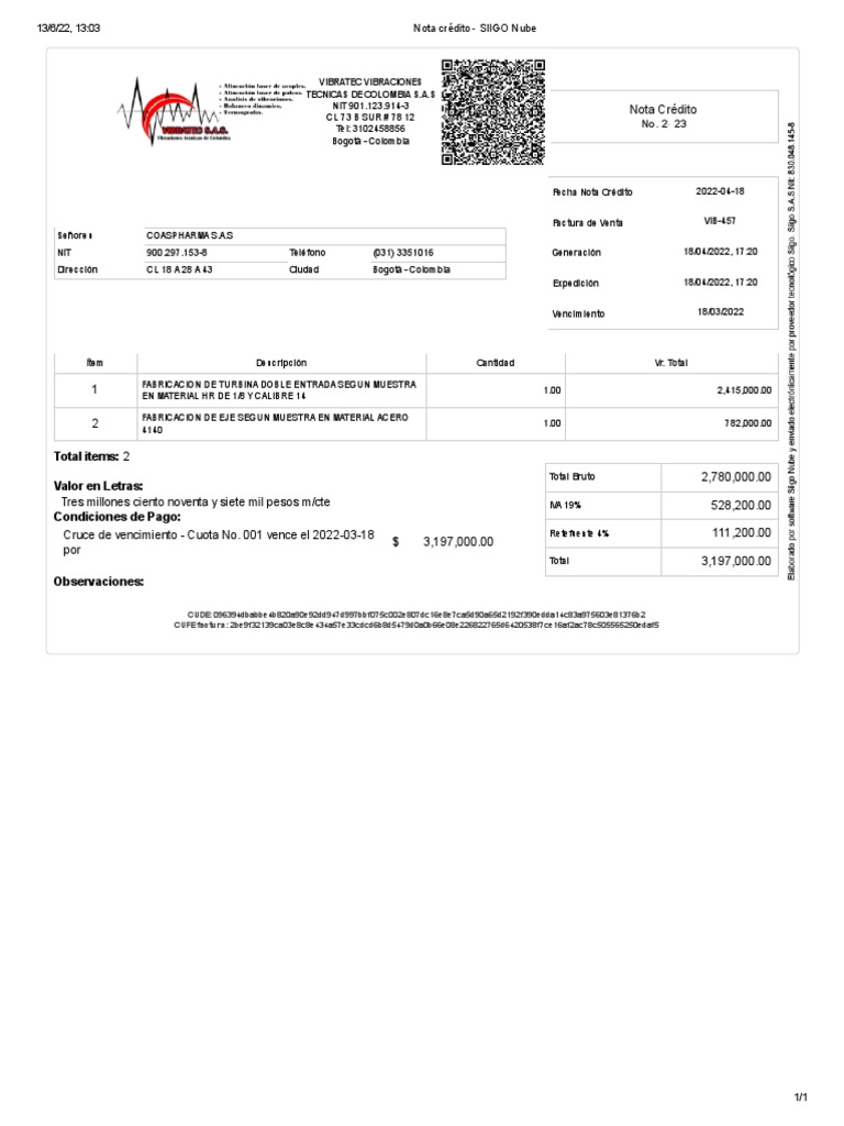 NC 2-23 Coaspharma Sas Factura 457 | PDF