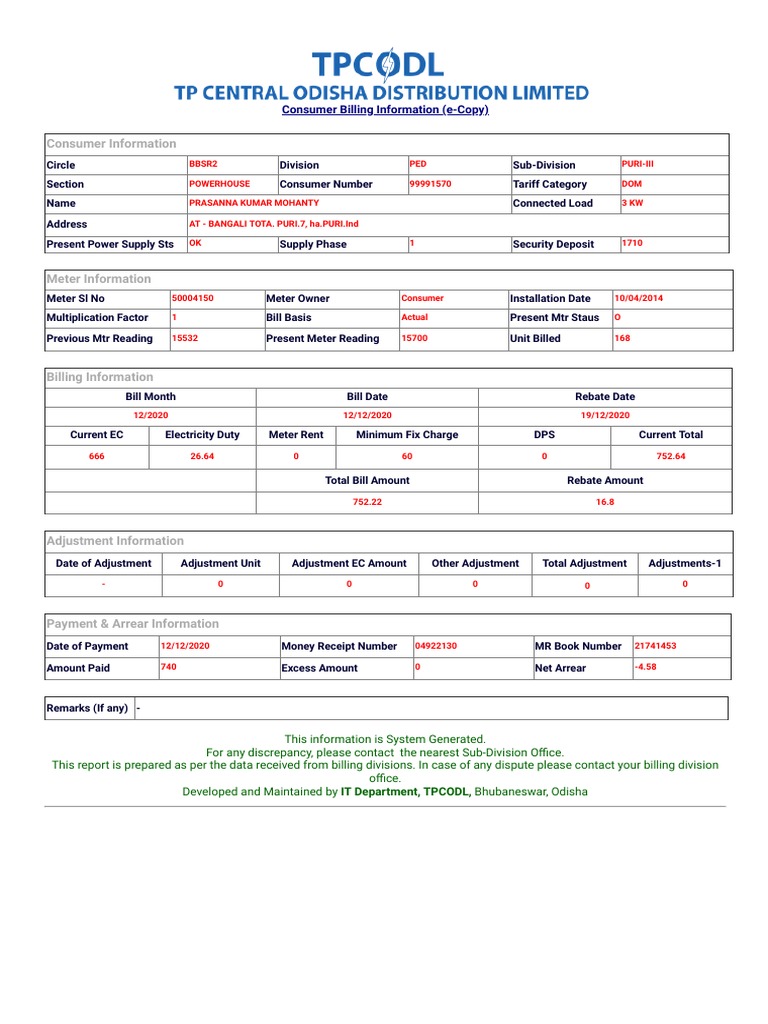 TPCODL - Bill e | PDF | Power (Physics) | Economies