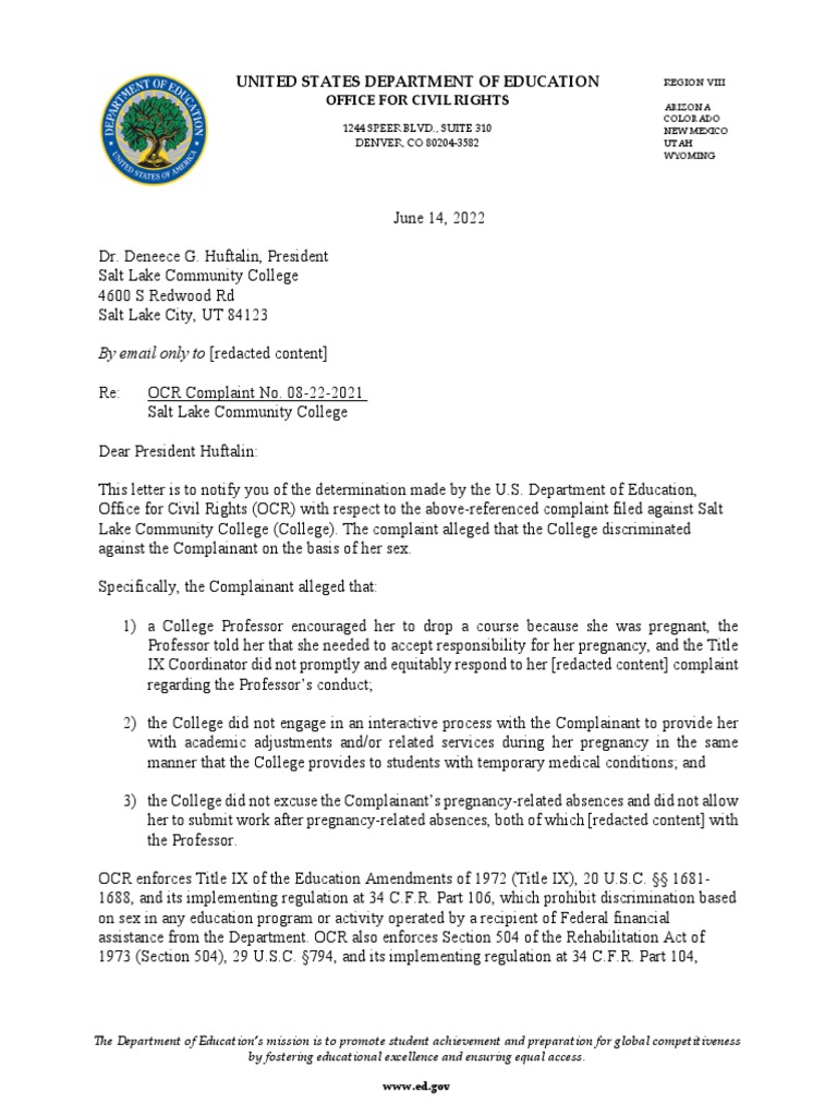 Letter To SLCC From Federal Investigators | PDF | Section 504 Of The ...