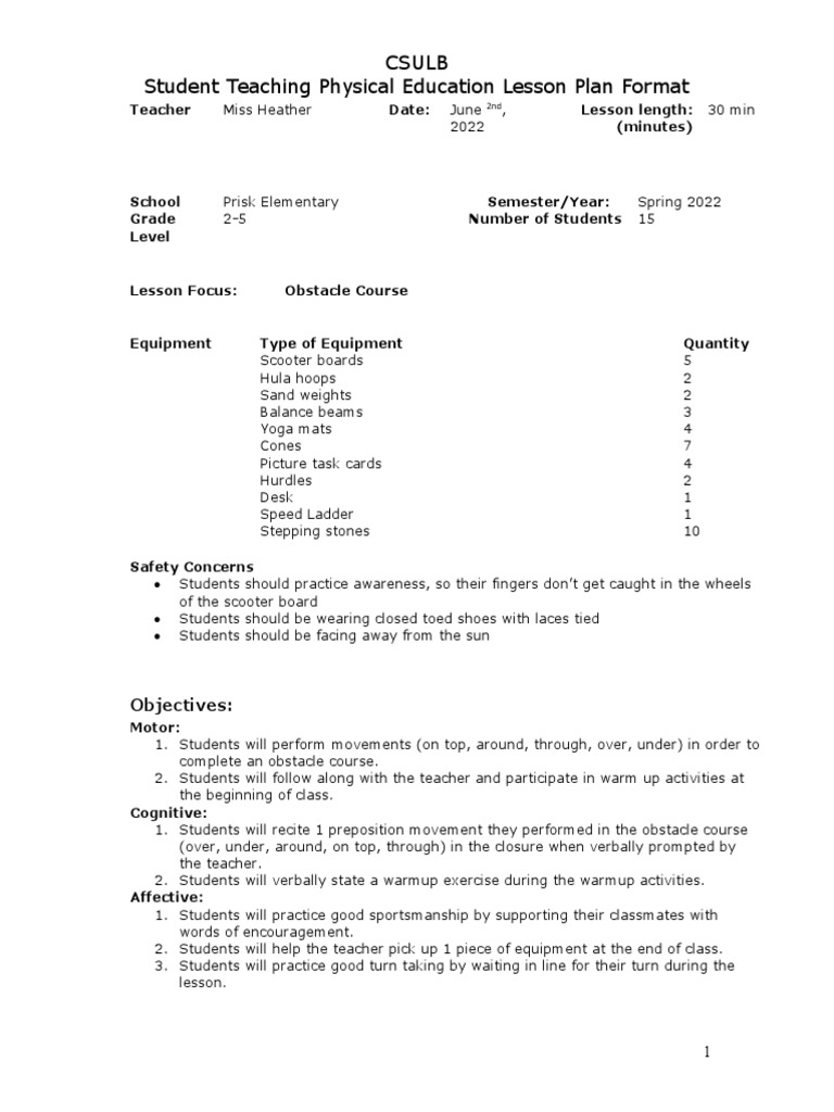Observation 6 - Lesson Plan - Obstacle Course Grade 2-5 | PDF ...