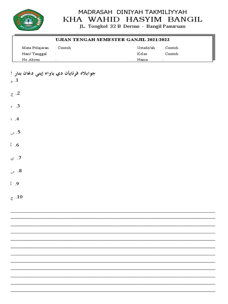 Contoh Kop Soal UTS Ganjil 2021 - 2022 | PDF