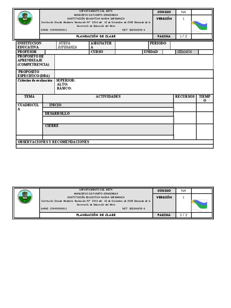 Formato Plan de Aula 2022 | PDF