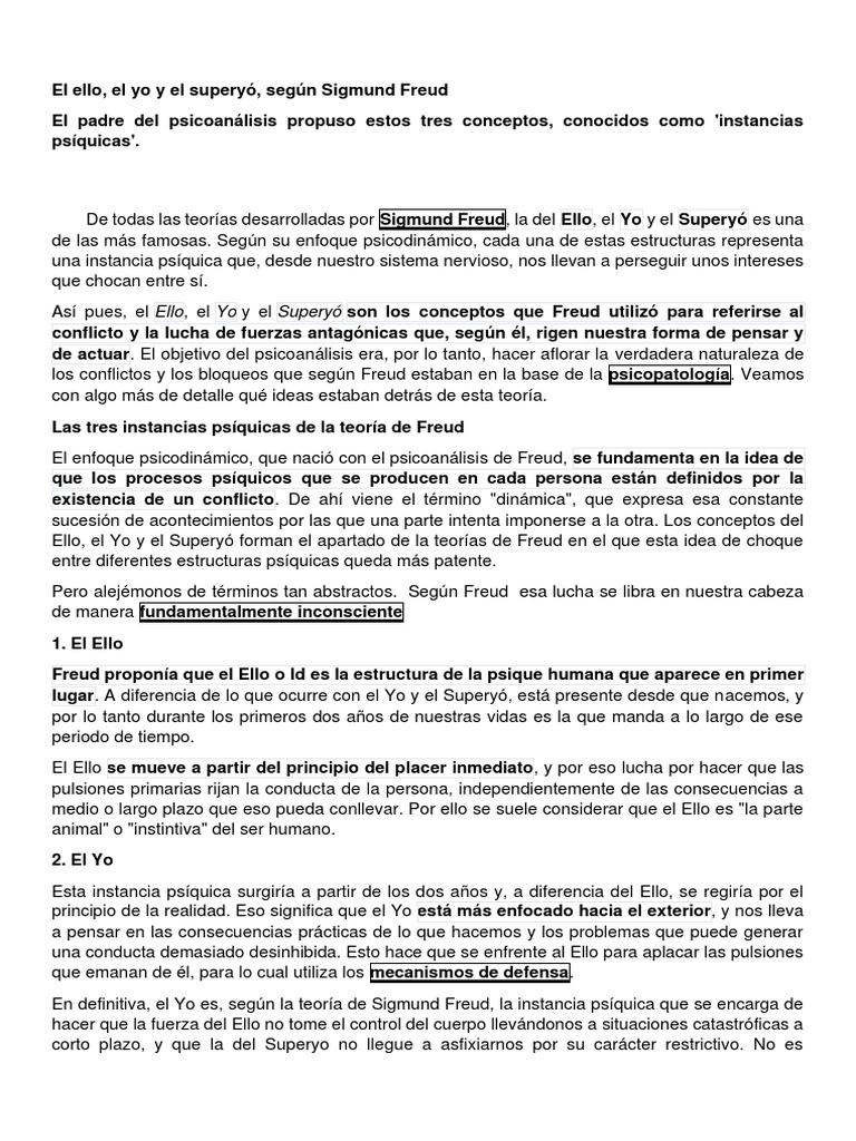 La teoría de las tres instancias psíquicas de Sigmund Freud: el Ello, el Yo y el Superyó | PDF ...