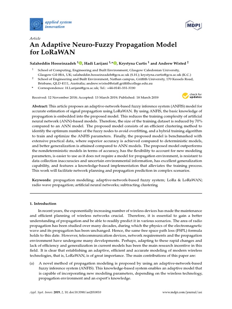 An Adaptive Neuro-Fuzzy Propagation Model For Lorawan | PDF | Fuzzy Logic | Cluster Analysis