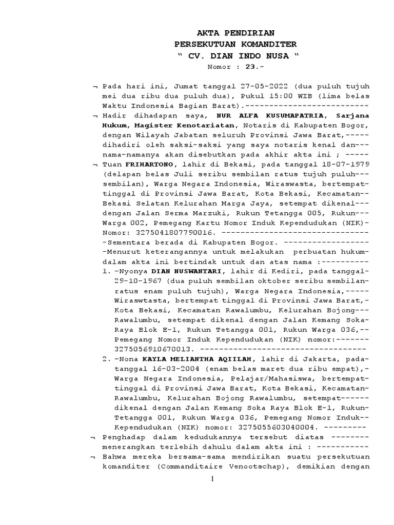 Min Pendirian CV Dian Indo Nusa | PDF