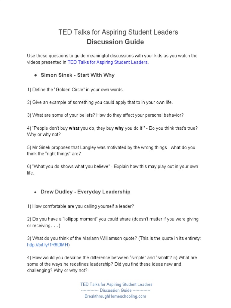 TED Talks Discussion Guide for Student Leaders | PDF | Leadership ...