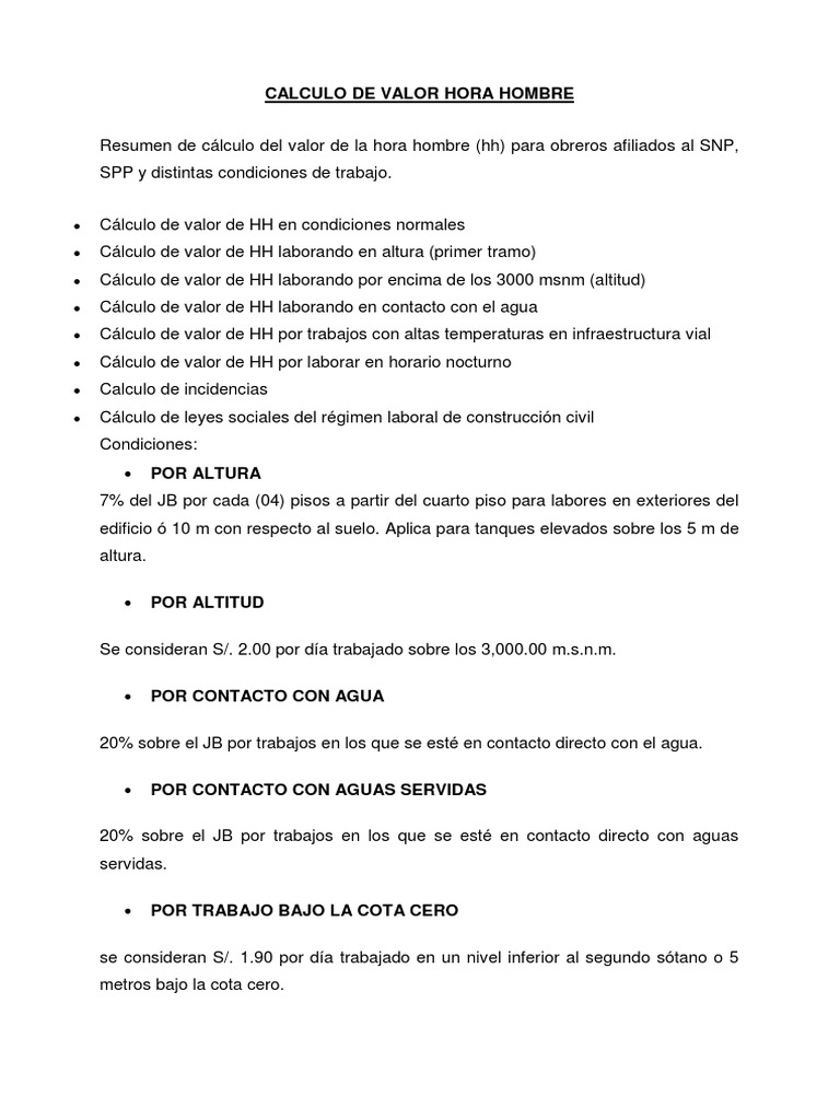 Calculo de Valor Hora Hombre | PDF | Ciencias de la Tierra | Ingeniero ...