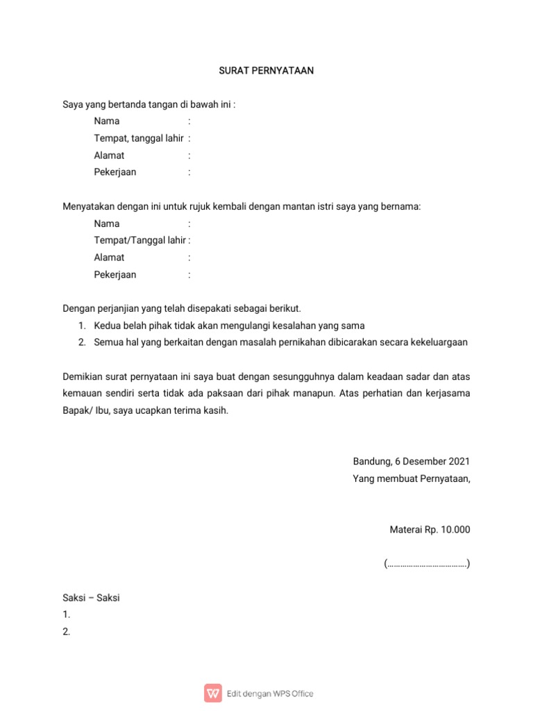 Surat Pernyataan Rujuk Kembali Dengan Perjanjian | PDF