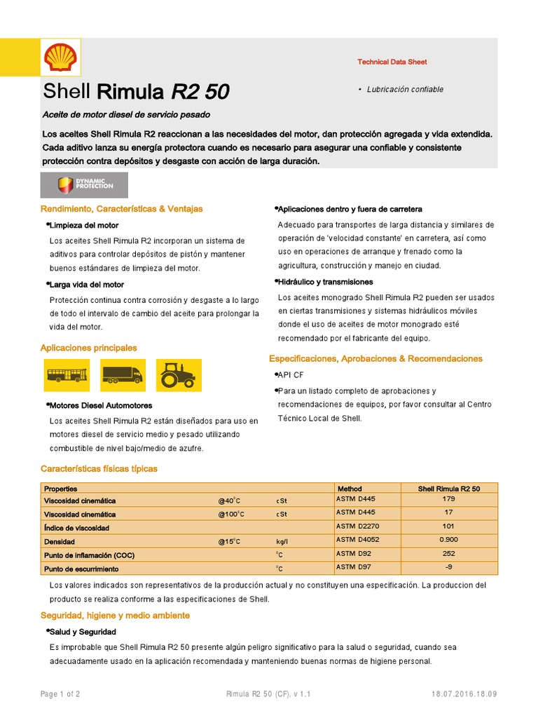Technical Data Sheet for Shell Rimula R2 50 Heavy Duty Diesel Engine ...
