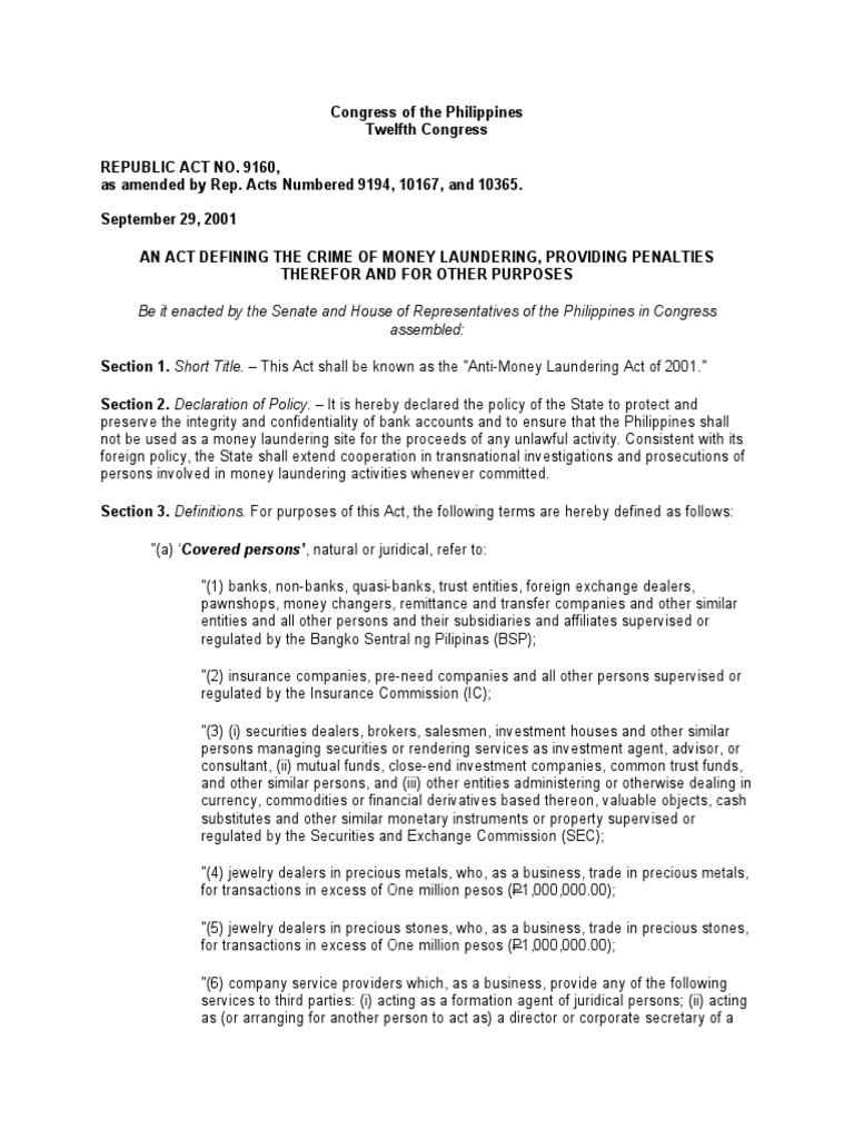 RA 9160, As Amended by RA 9194, RA 10167, & RA 10365 (AMLA) | Download ...