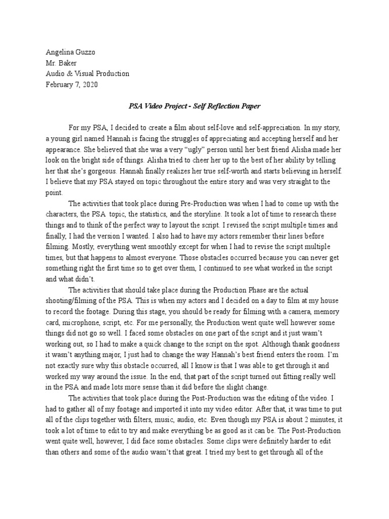 Psa Video Project - Self Reflection Paper | PDF | Career & Growth ...