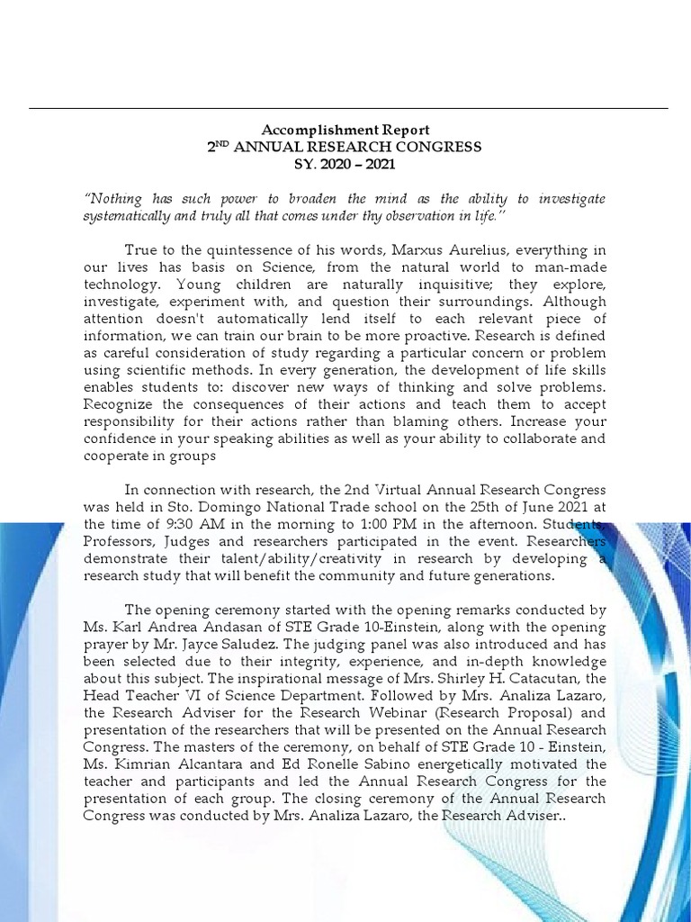 Accomplishment Report For Research Congress | PDF | Science | Cognition