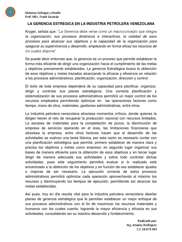 LA GERENCIA ESTREGICA EN LA INDUSTRIA PETROLERA VENEZOLANA. Arianny ...