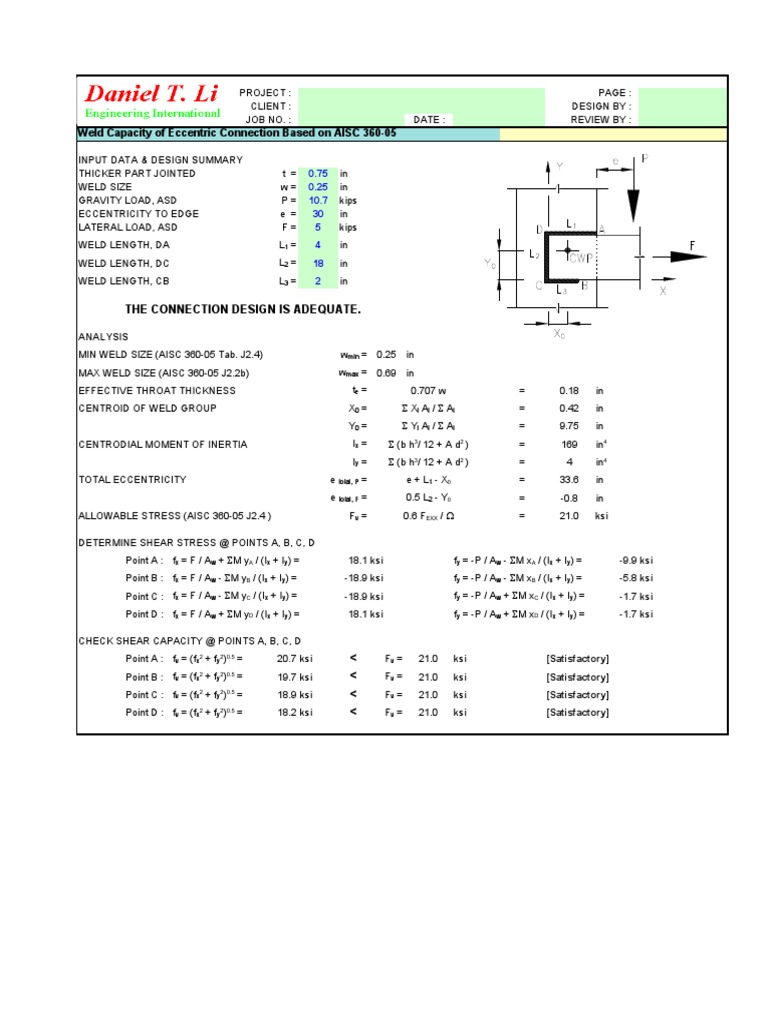 The Connection Design Is Adequate.: Weld Capacity of Eccentric Connection Based On AISC 360-05 ...