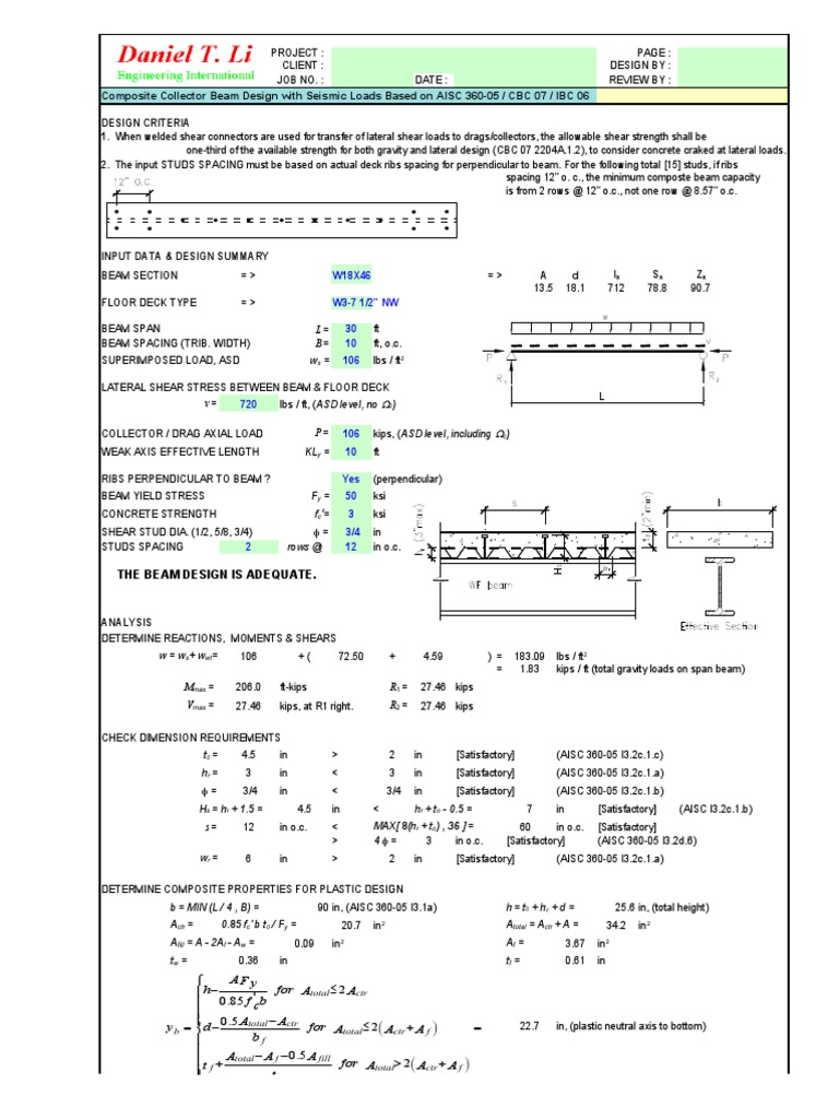 W18X46 W3-7 1/2" NW 30 10 106: The Beam Design Is Adequate | PDF | Beam ...