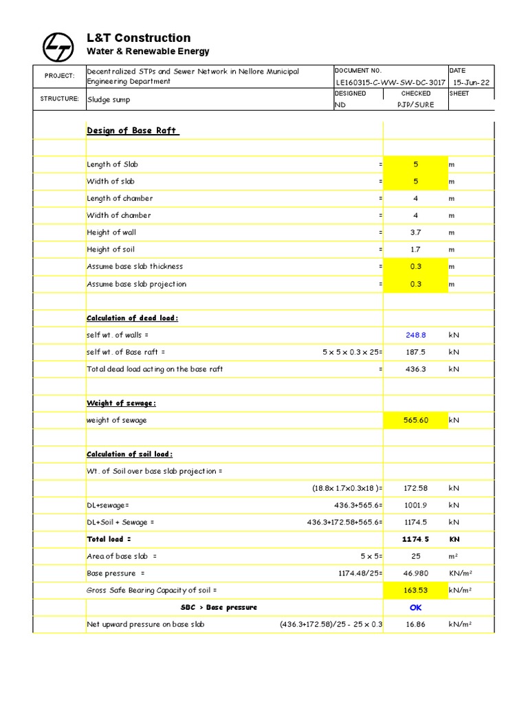 L&T Construction Designs Sludge Sump Base Raft | PDF | Structural ...