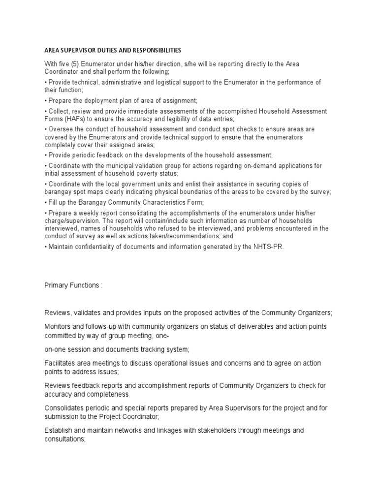 Area Supervisor Job Description | PDF | Business