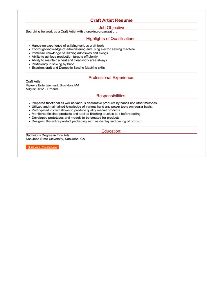 Craft Artist Resume: Job Objective Highlights of Qualifications | PDF ...