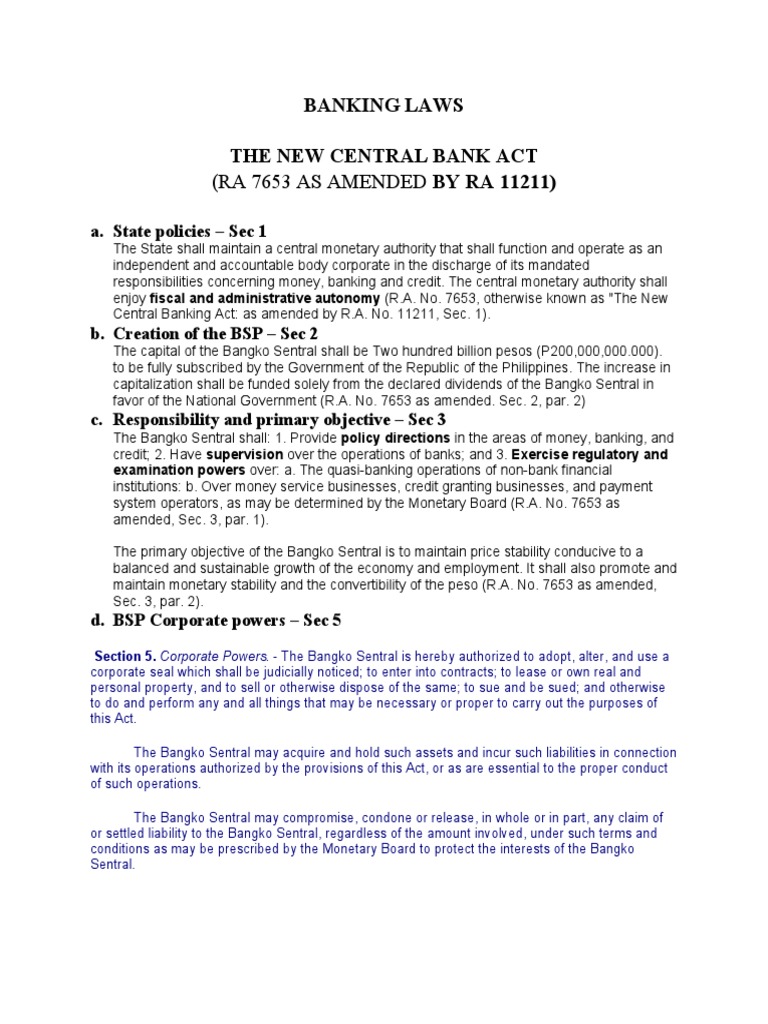 (RA 7653 AS AMENDED BY RA 11211) : Banking Laws The New Central Bank ...