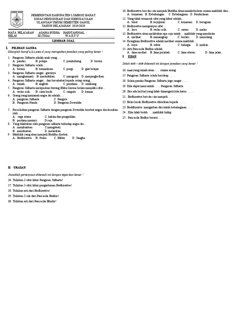 SOAL PAB Kelas III SMSTR 1 | PDF