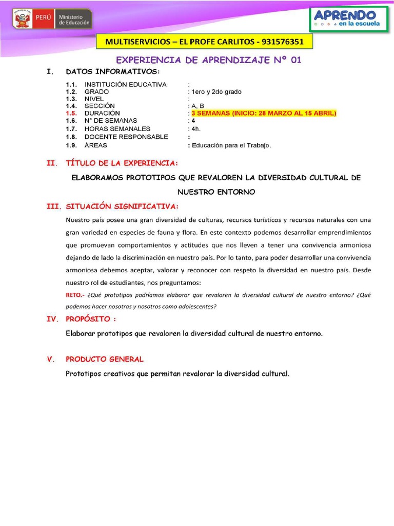Experiencia de Aprendizaje N°01 - Ciclo Vi - 1ero y 2do - Ept - 2022 | PDF