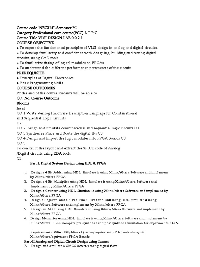Vlsi Lab Manual 2022 1 Pdf Field Programmable Gate Array Hardware Description Language 