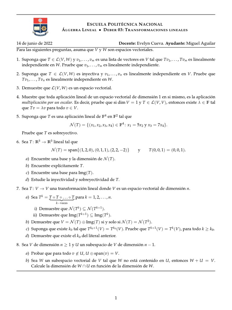 Transformaciones Lineales: Ejercicios y Pruebas | PDF | Métodos y materiales de enseñanza ...
