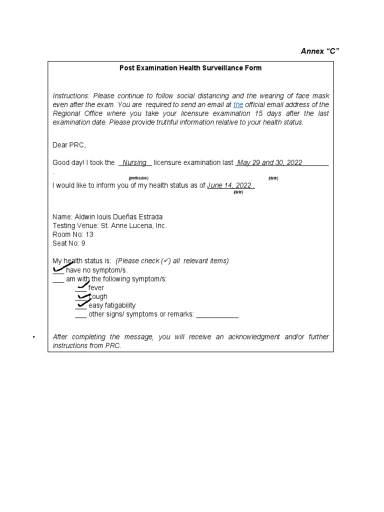 Post Examination Health Surveillance Form: Annex "C" | PDF | Career ...