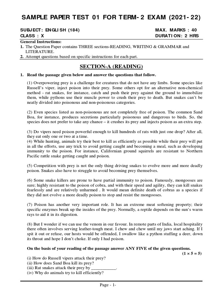 English Class X Term 2 Sample Paper Test 01 2021 22 1 | PDF | Snake ...