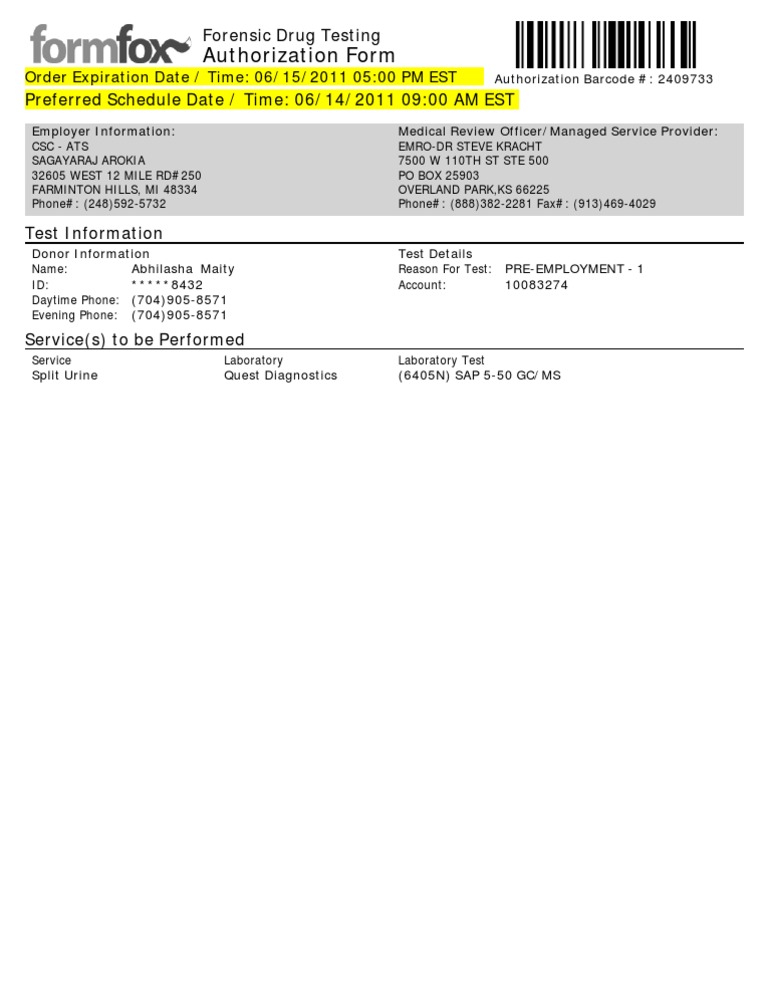 Forensic Drug Testing Authorization Form | PDF | Technology & Engineering