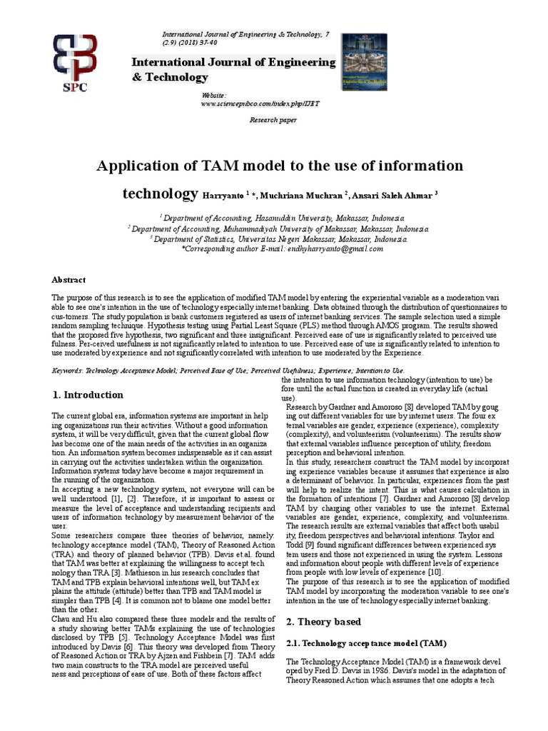 Application of TAM Model To The Use of Information Technology | PDF ...