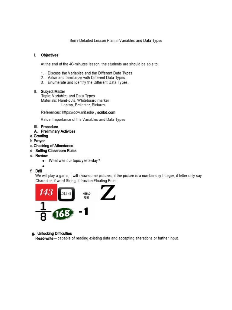 Lesson Plan - FOR DEMO (Variables and Data Types) | PDF | Data Type ...