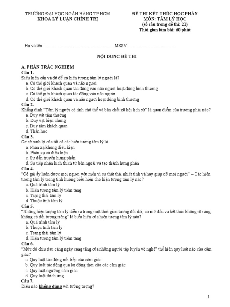 De Thi - Tam Ly Hoc - 1.1920.1 1 | PDF