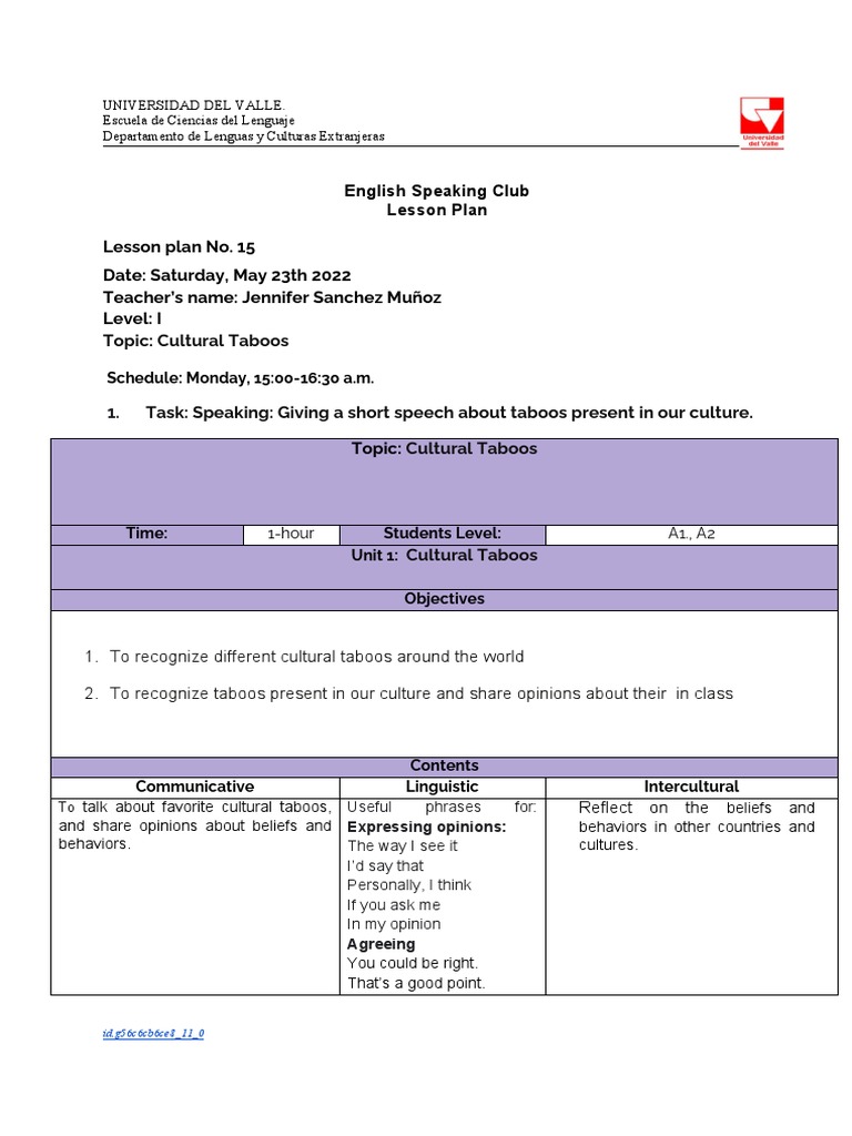 English Club Lesson on Cultural Taboos | PDF | Lesson Plan | Human ...