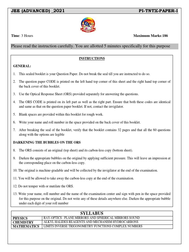 Sri Chaitanya IIT Academy Front Page 2021 Advance Pattern Paper - 1 ...